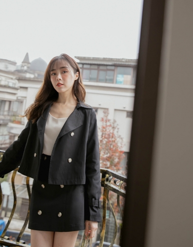 典雅後鬆緊側拉鍊雙排扣造型口袋褲裙 - SEOUL MATE 首爾妹