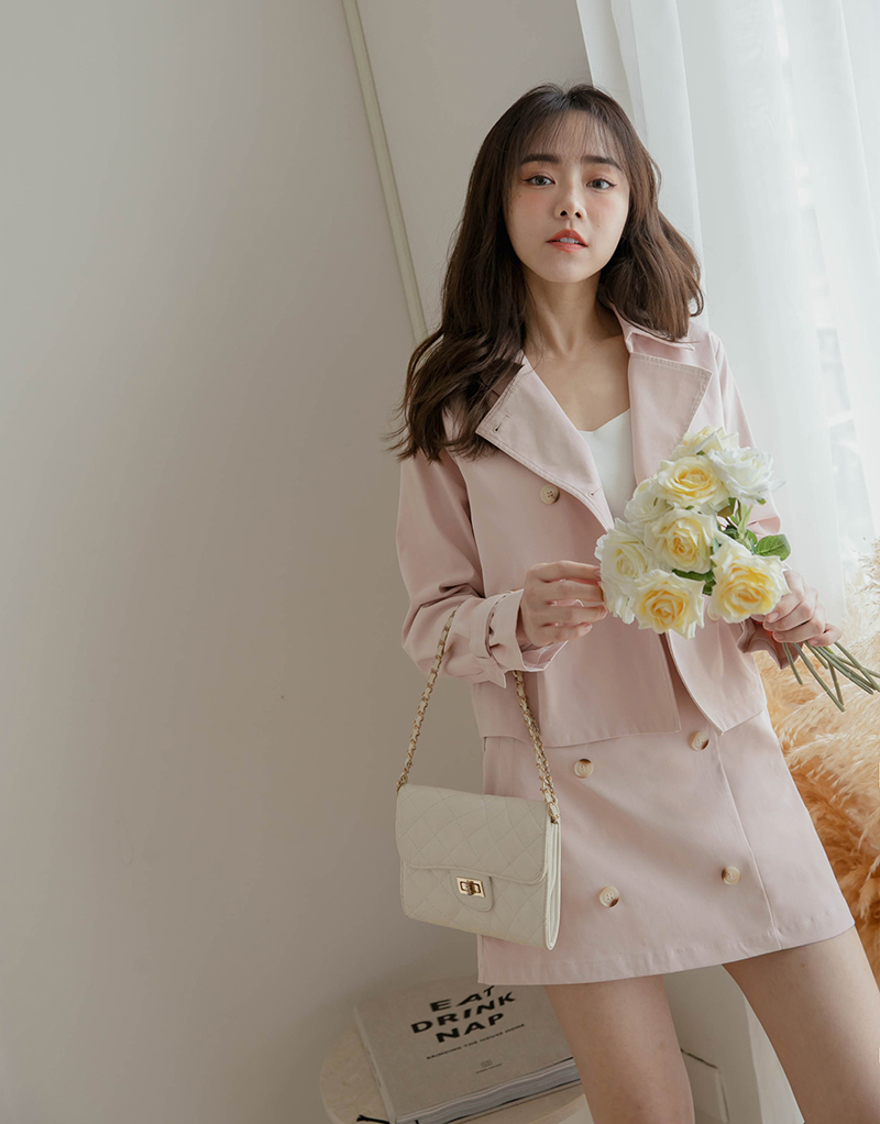 典雅後鬆緊側拉鍊雙排扣造型口袋褲裙 - SEOUL MATE 首爾妹