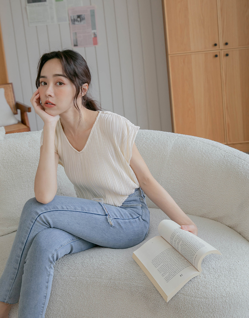 高質感壓褶光澤感側開岔上衣 - SEOUL MATE 首爾妹