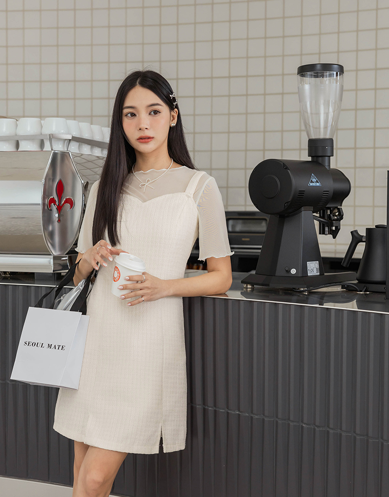 附珍珠肩帶-小香風混色感洋裝 - SEOUL MATE 首爾妹