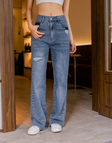 -5KG梨型剋星系列-個性刷破牛仔褲 - SEOUL MATE 首爾妹